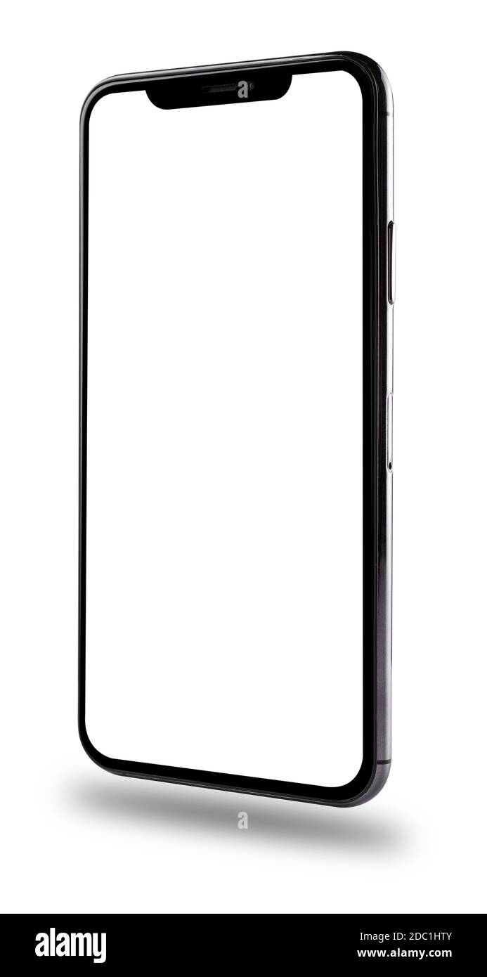 Closeup modern digital black Smartphone mobile mockup blank side screen ...