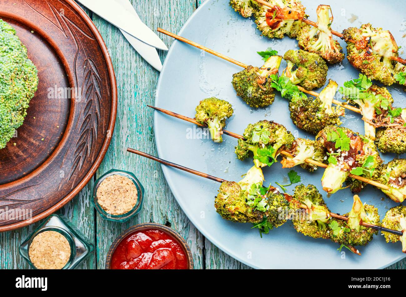 Vegetable kebab from broccoli cabbage.Fried cabbage on wooden skewers ...