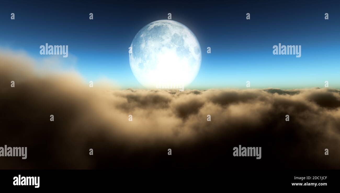 fly above over clouds moon, 3d render illustration Stock Photo - Alamy