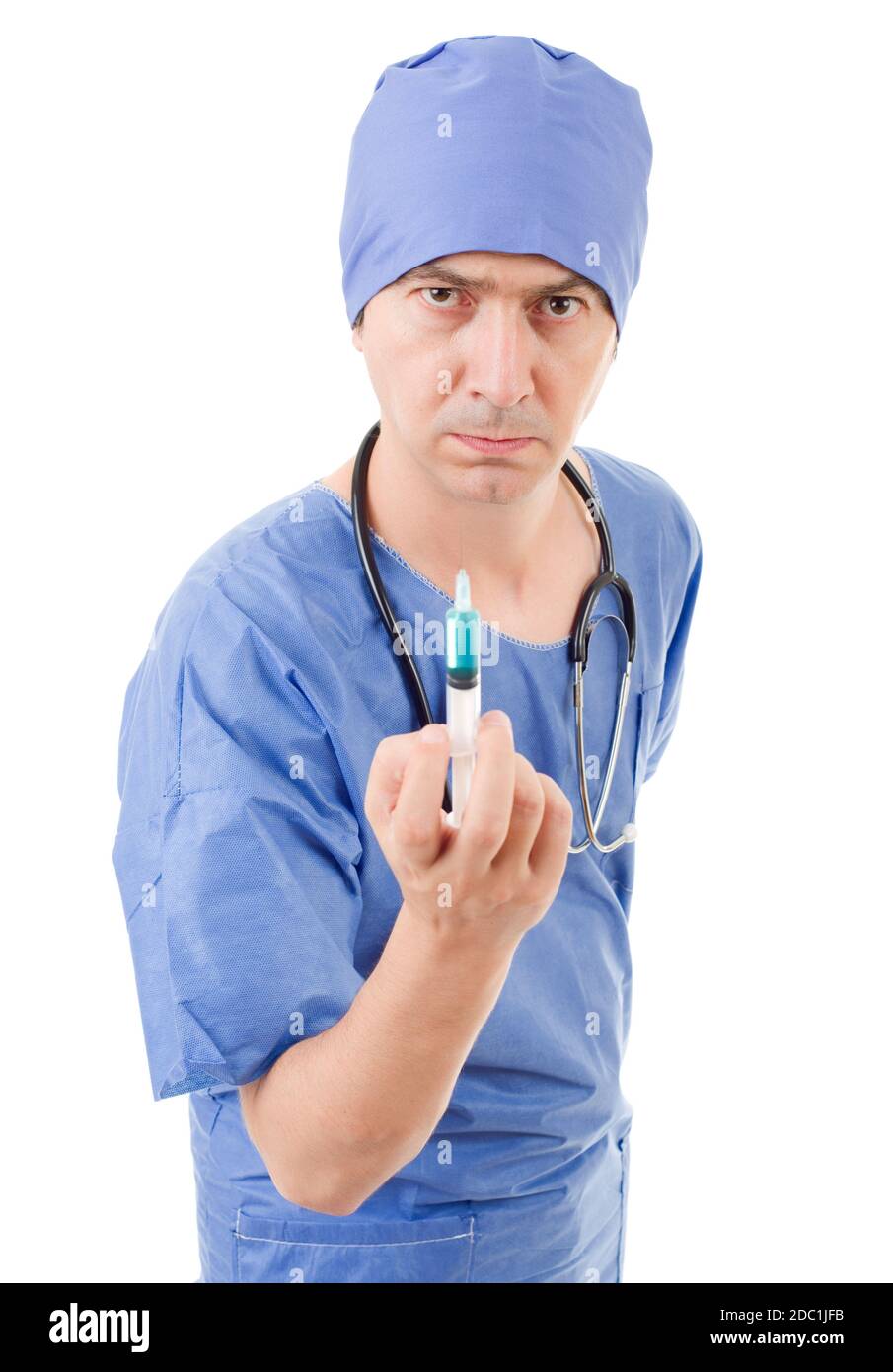 mad doctor with a syringe isolated over white background Stock Photo ...