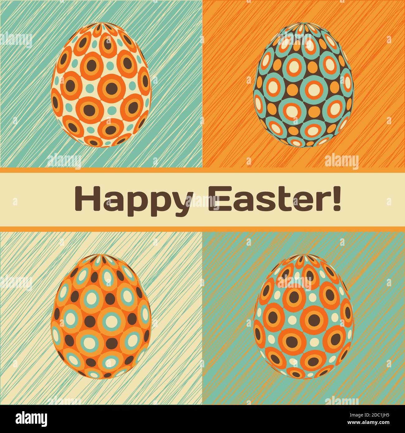 Colorful Easter card design with geometric patterned eggs and banner ...