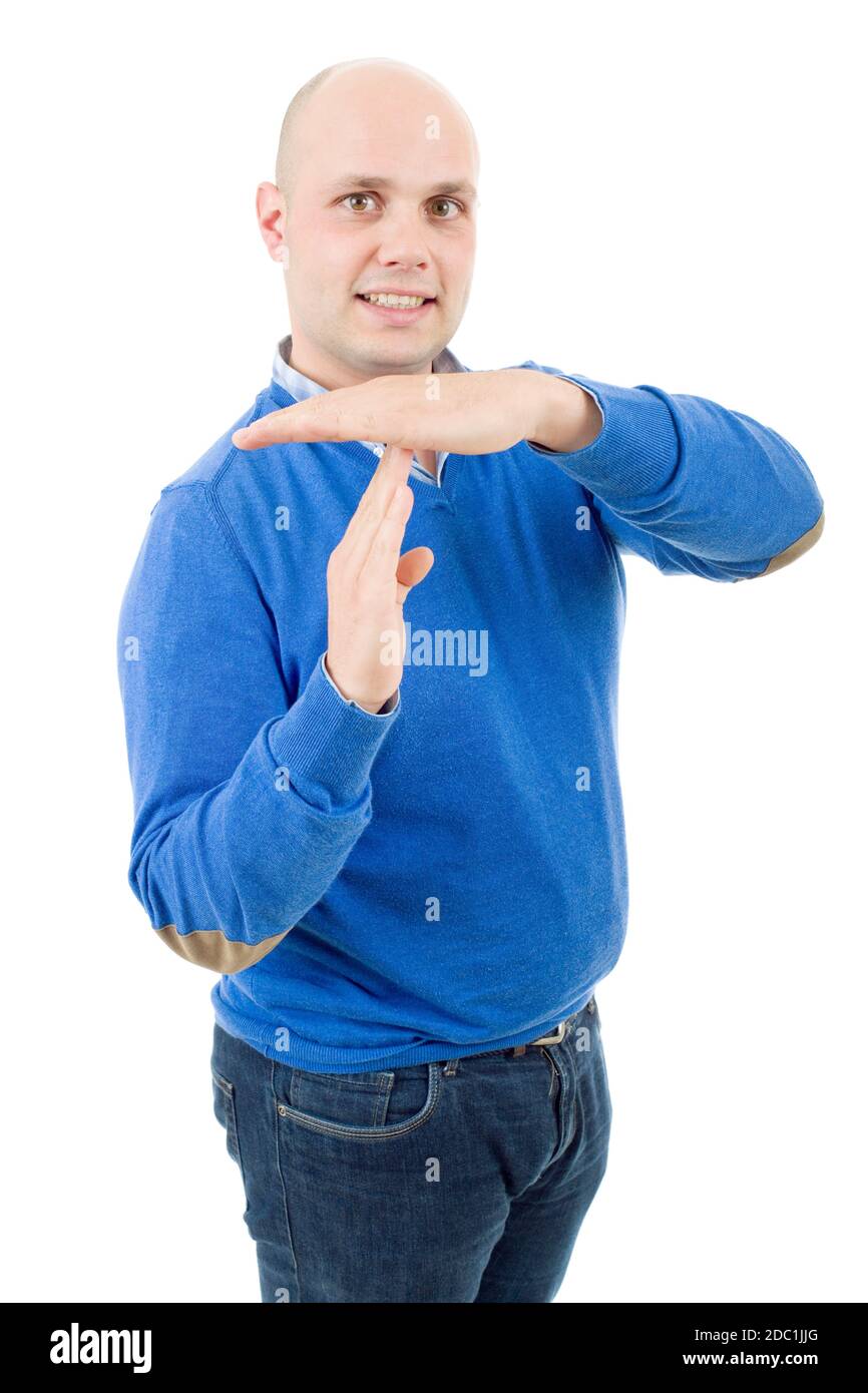 Young man giving showing time out hands gesture isolated on white ...
