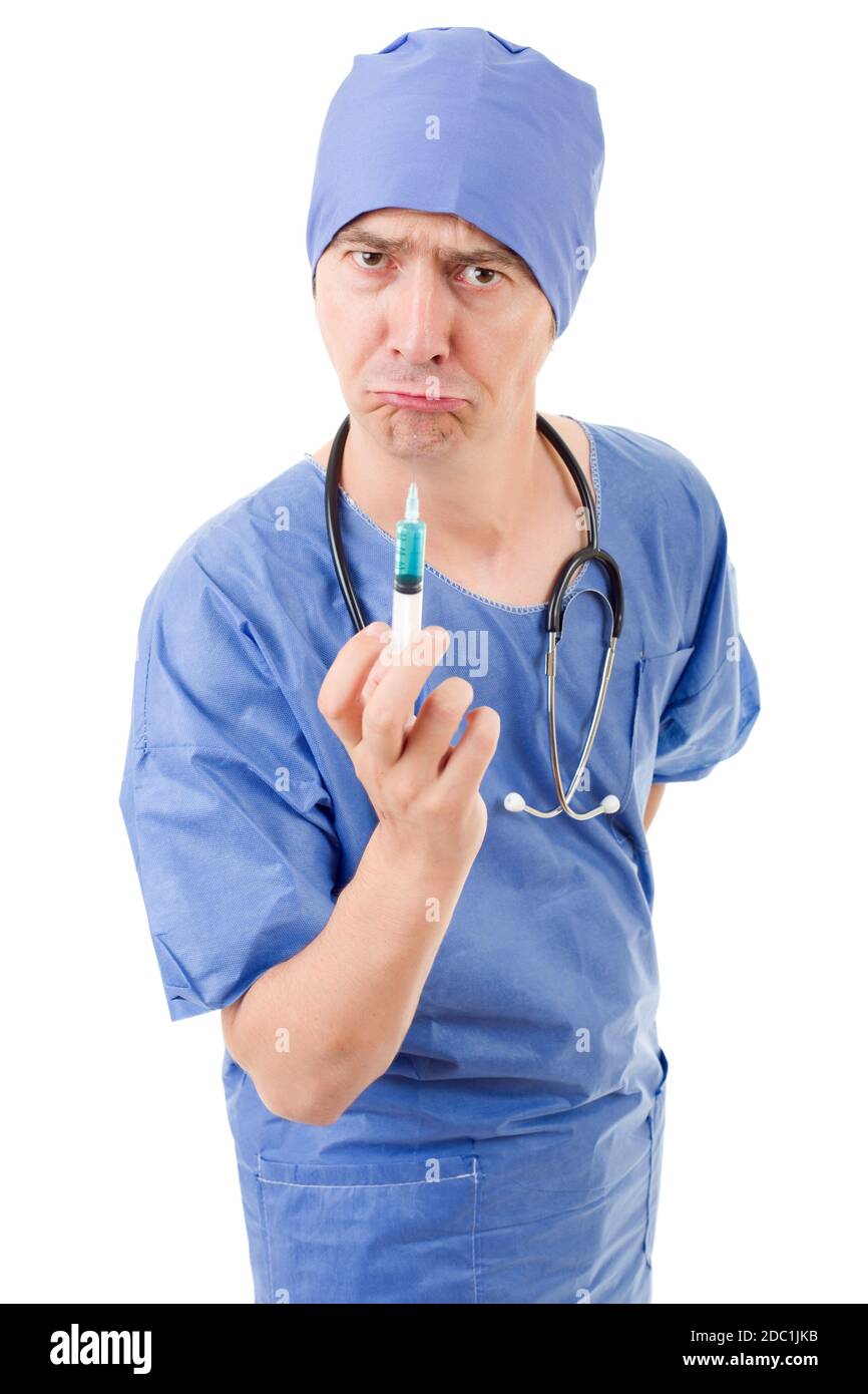 mad doctor with a syringe isolated over white background Stock Photo ...