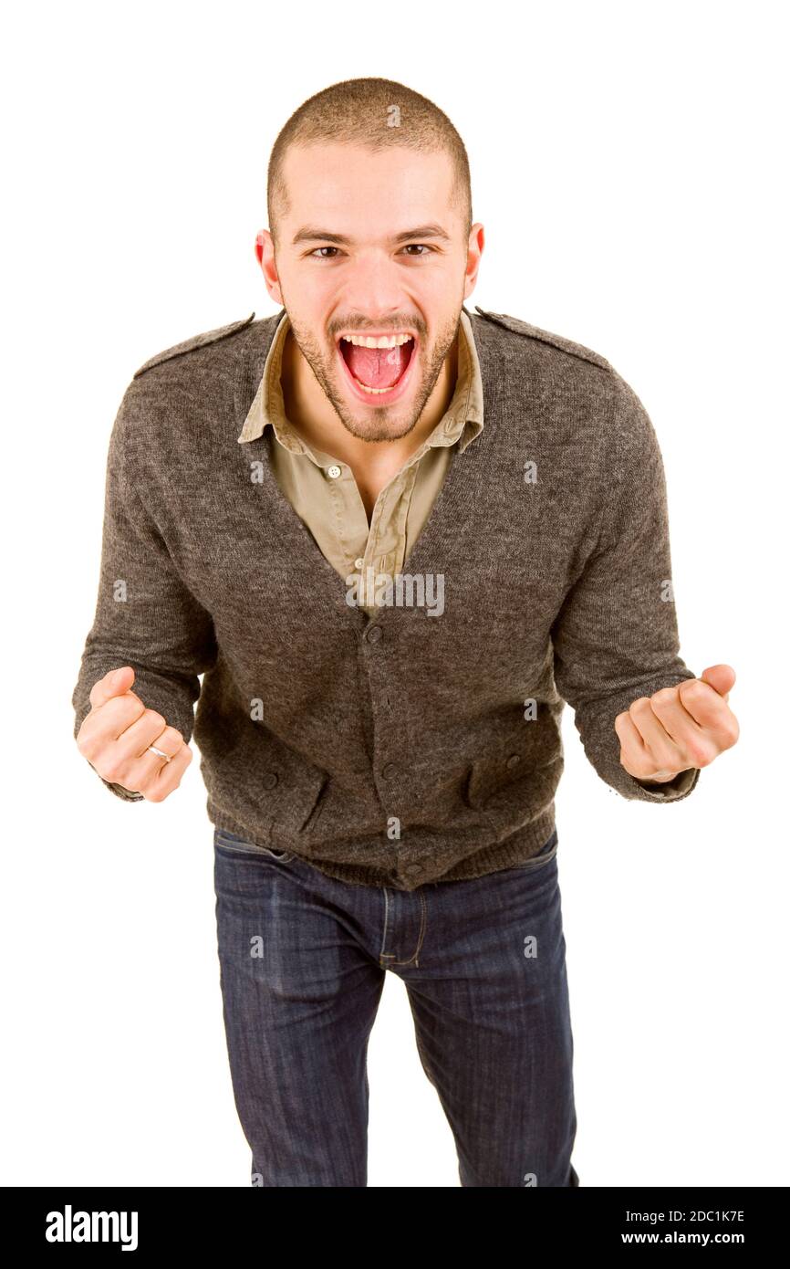 happy young man winning, isolated on white Stock Photo - Alamy