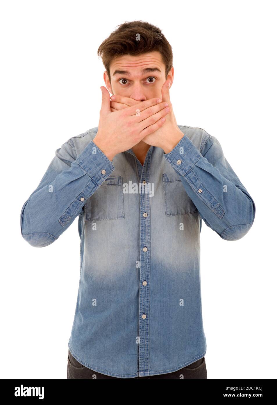 Man covering his face, isolated on white background Stock Photo - Alamy