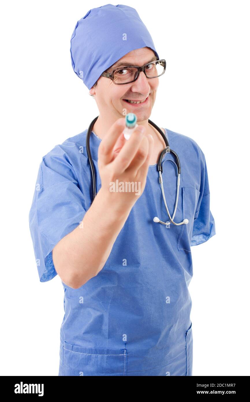 mad doctor with a syringe isolated over white background Stock Photo ...
