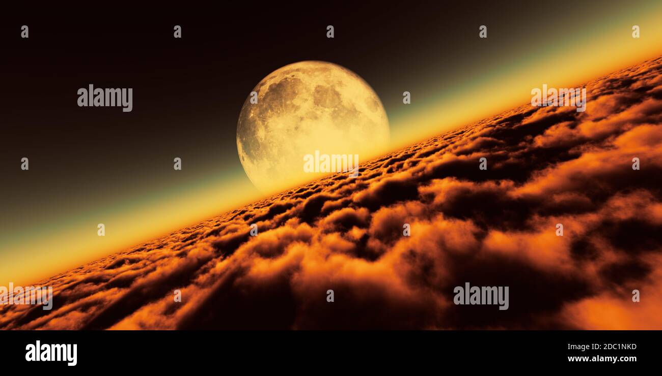fly above over clouds moon, 3d render illustration Stock Photo - Alamy