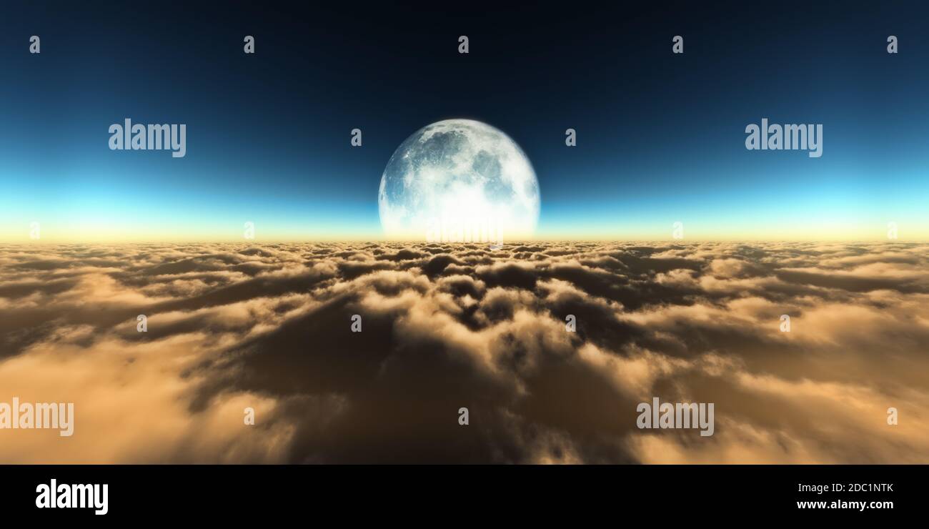 fly above over clouds moon, 3d render illustration Stock Photo - Alamy