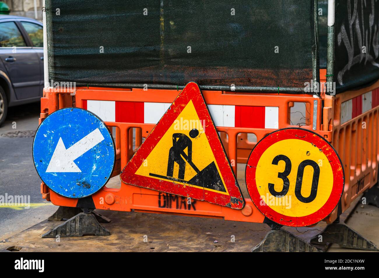 Speed limit, warning road signs located in working area. Bucharest ...