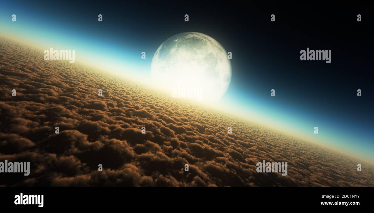 fly above over clouds moon, 3d render illustration Stock Photo - Alamy