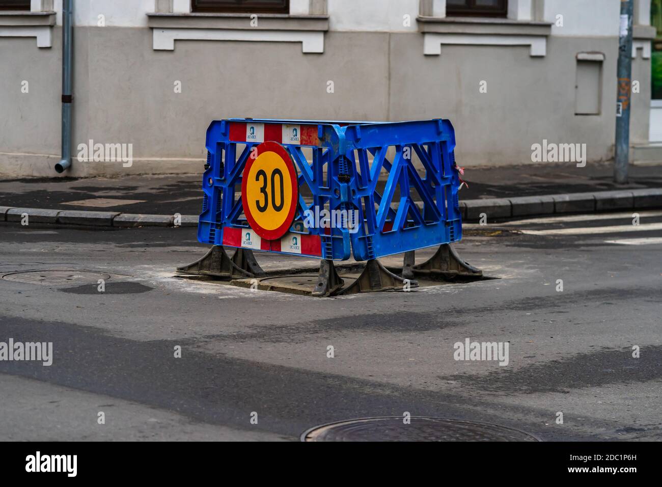 Speed limit, warning road signs located in working area. Bucharest ...