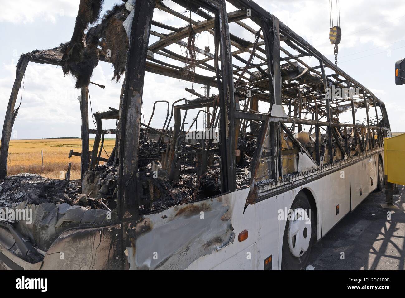 Burned Coach Bus Vehicle at Highway Accident Stock Photo - Alamy