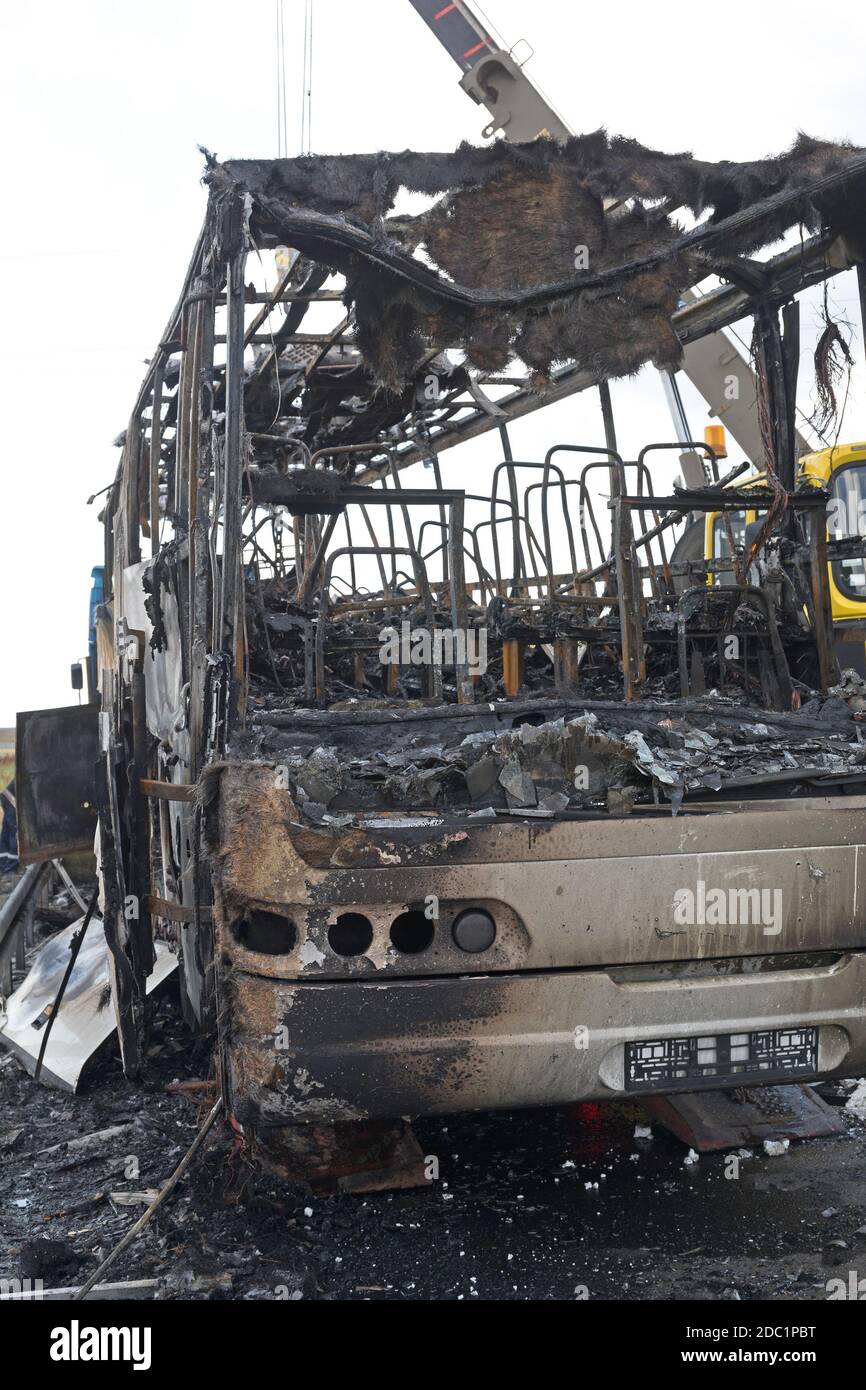 Burned Coach Bus Vehicle at Highway Accident Stock Photo - Alamy