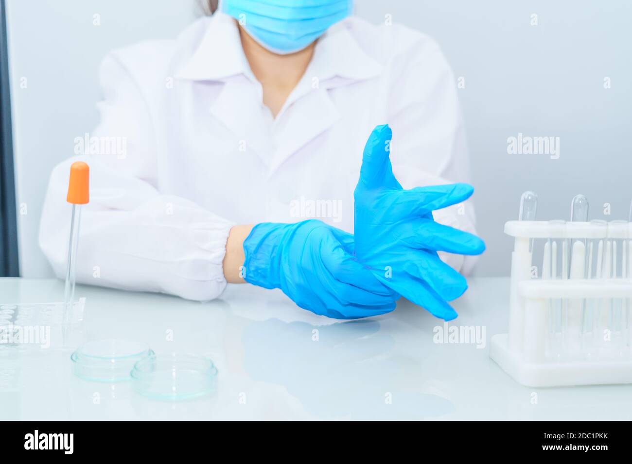 Close up Scientist hands putting in nitrile blue latex gloves in ...