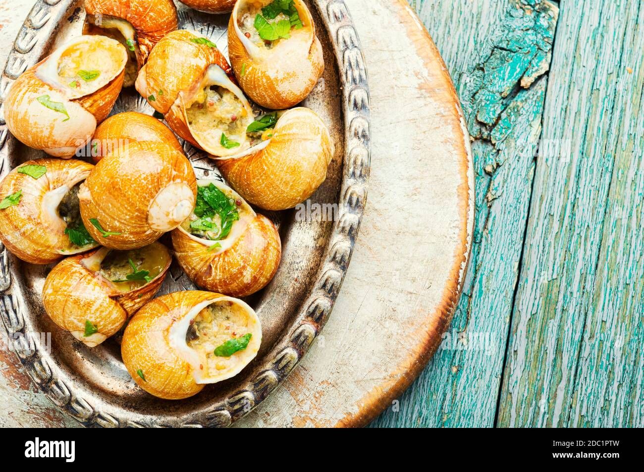 Tasty snails in vintage tray.Stuffed escargots.France food Stock Photo ...