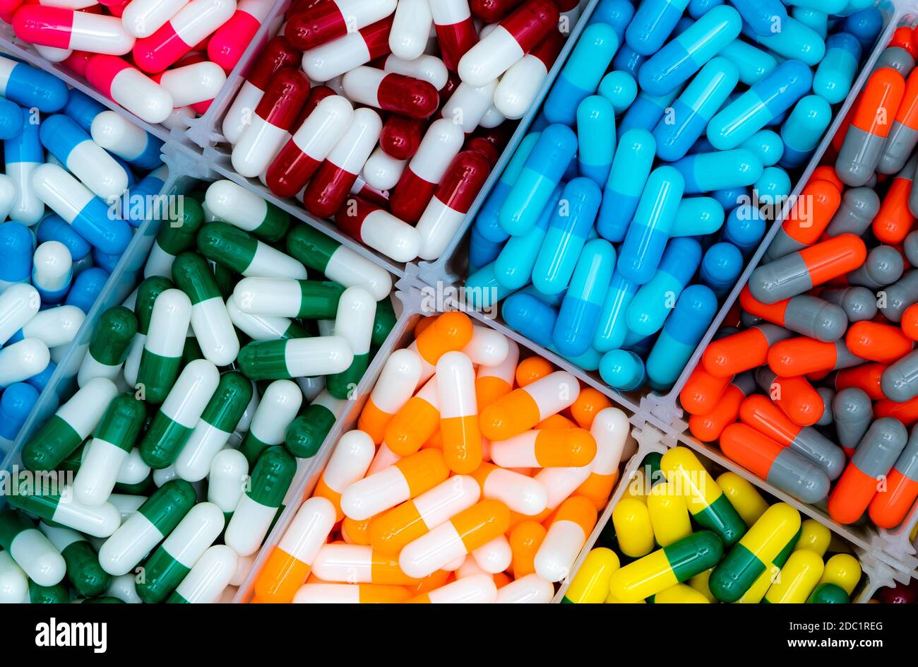Top view of antibiotic capsule pills in plastic tray. Antibiotic drug ...