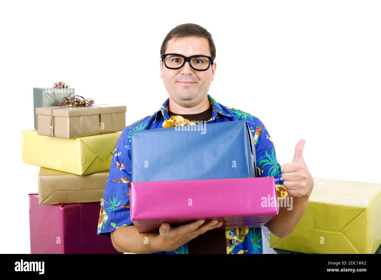 happy silly salesman with some boxes, isolated on white Stock Photo - Alamy