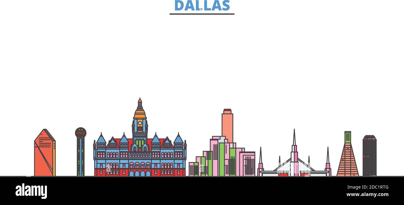 United States, Dallas line cityscape, flat vector. Travel city landmark ...