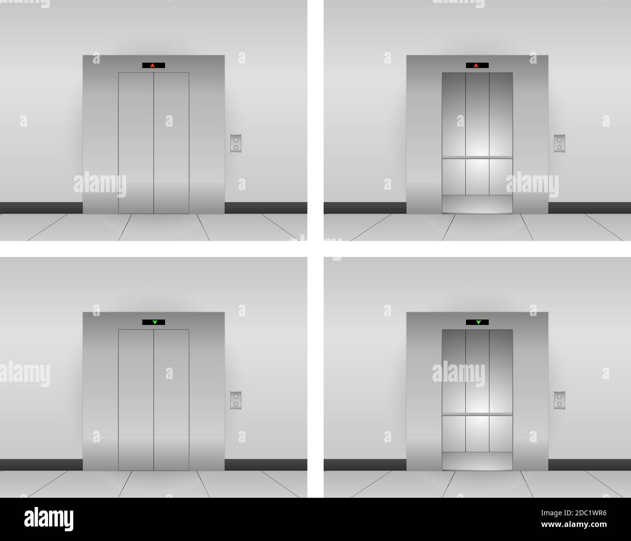 Vector metal elevator outside and inside on a white wall background ...