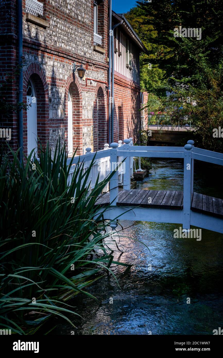Small white wooden bridge on the river. Veules les roses Stock Photo ...