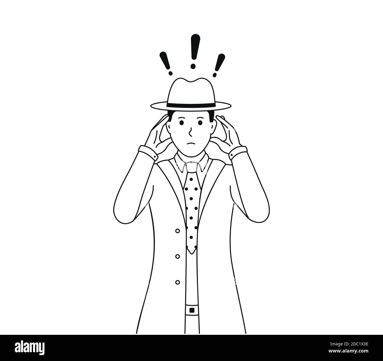 The sad detective holds his head. A man dressed in a suit and hat ...