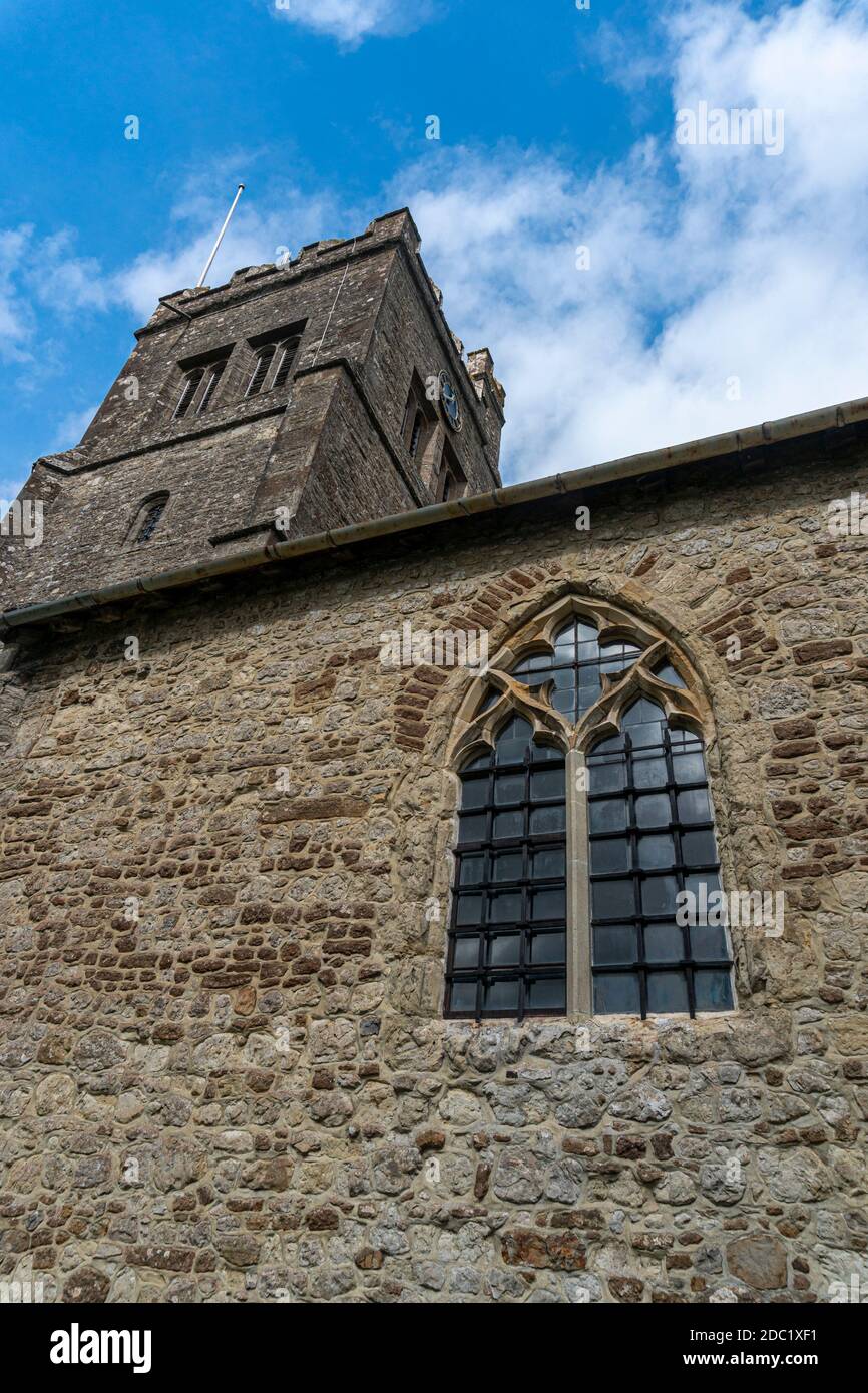 Bell tower and gothic window of St Michael the Archangel church, in the ...