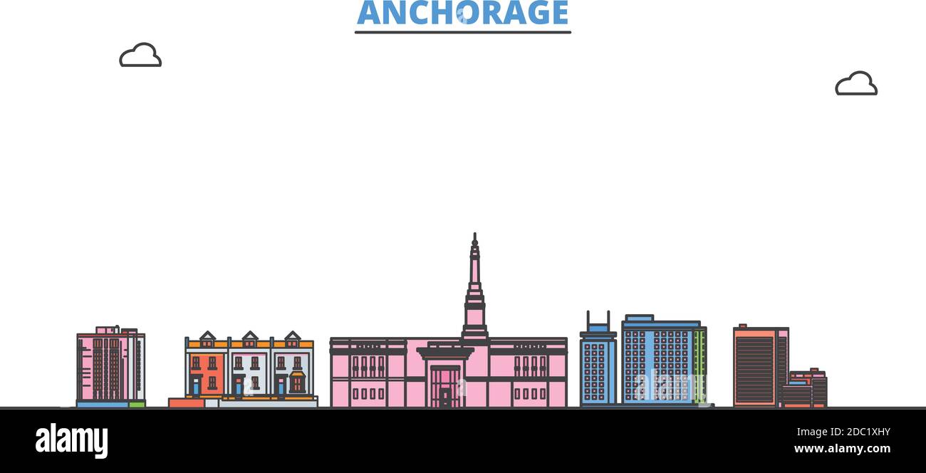 United States, Anchorage line cityscape, flat vector. Travel city ...