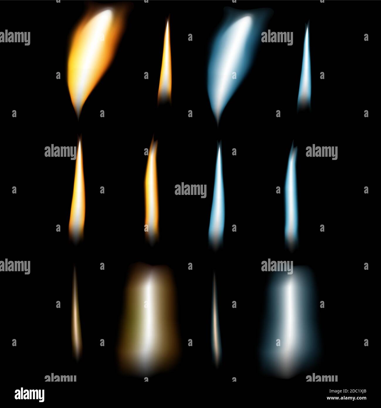 Colored isolated realistic burning transparent icon set with different ...