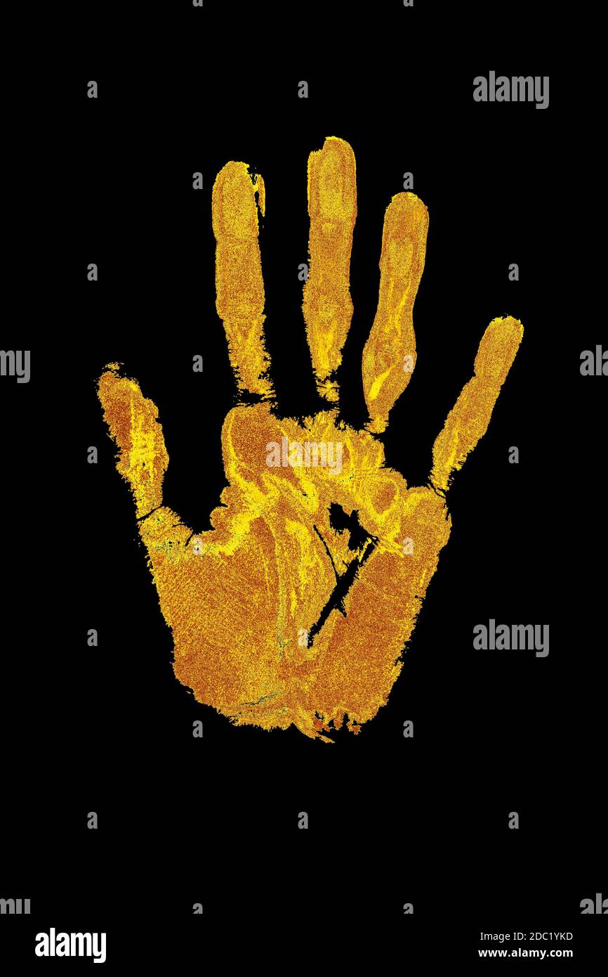 Golden human hand print black background isolated close up, shiny gold ...
