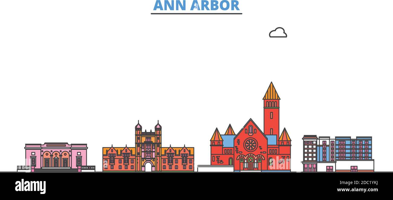 United States, Ann Arbor line cityscape, flat vector. Travel city ...