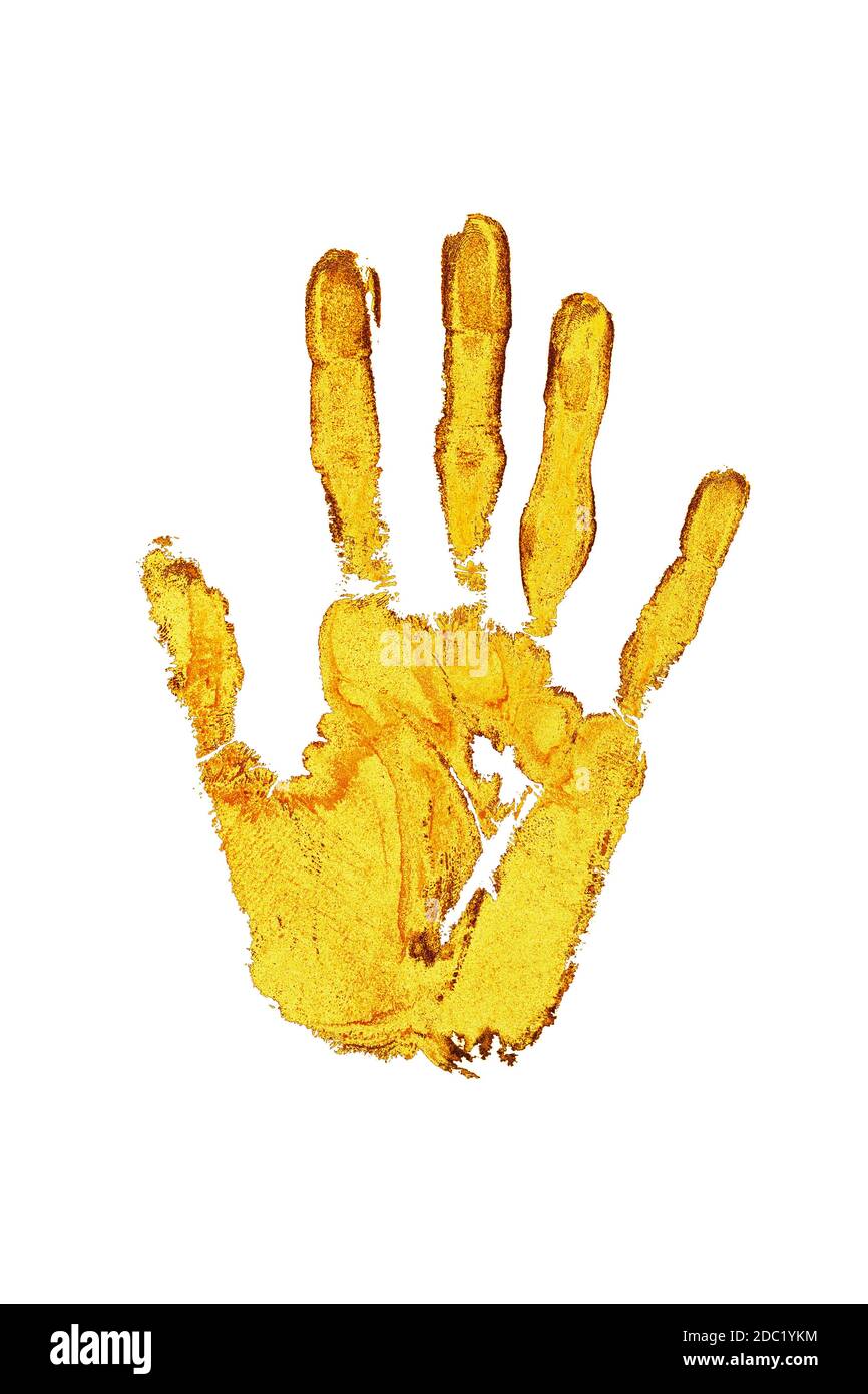 Golden human hand print white background isolated close up, shiny gold ...