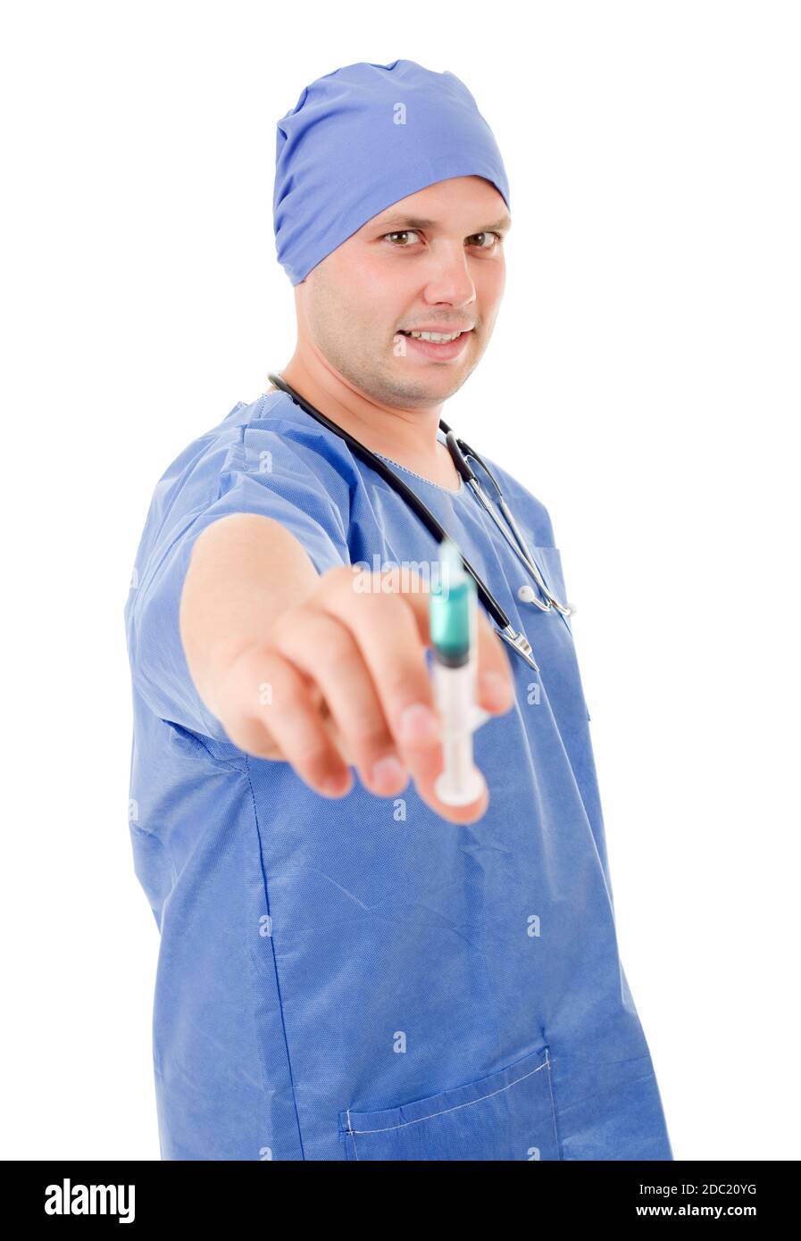silly doctor with a syringe isolated over white background Stock Photo ...