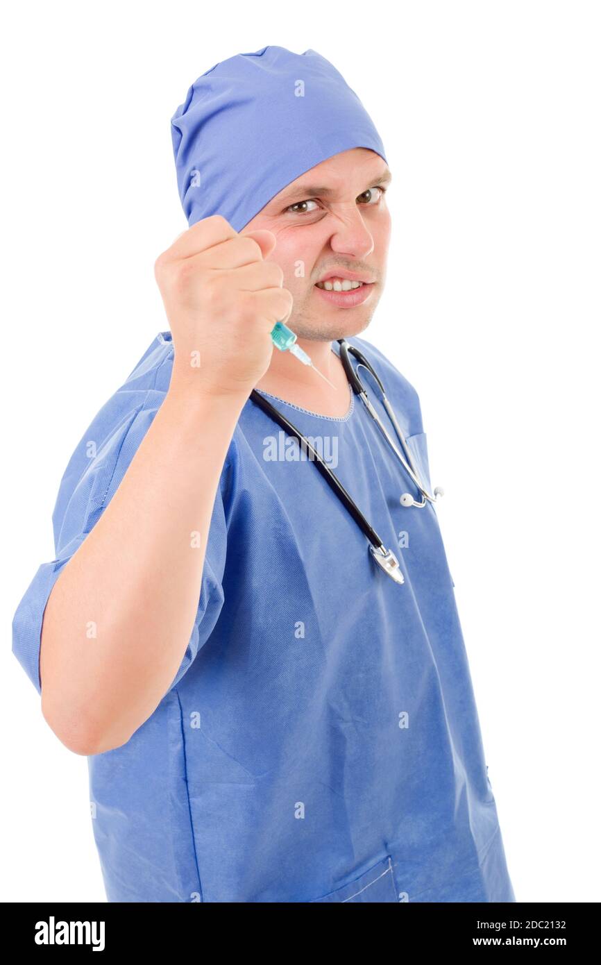 mad doctor with a syringe isolated over white background Stock Photo ...