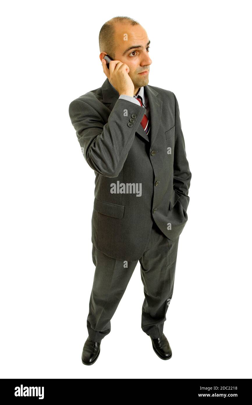 young business man looking with his phone, isolated Stock Photo - Alamy