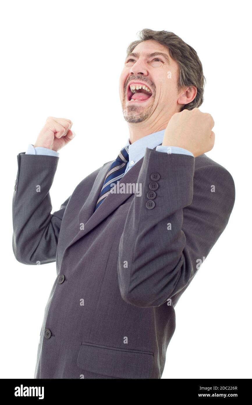 young business man winning, isolated on white Stock Photo - Alamy