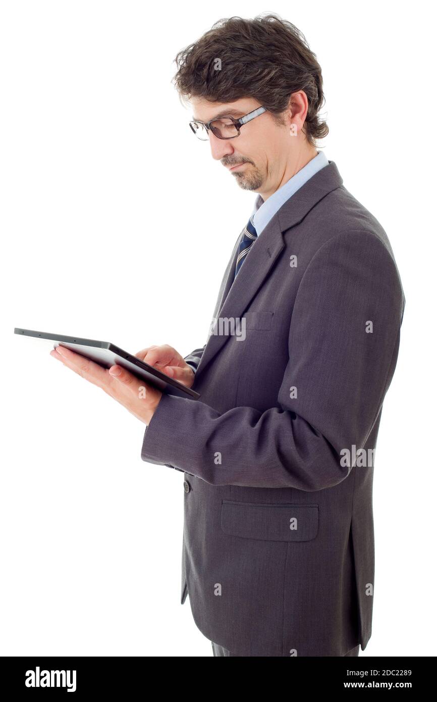 businessman using touch pad of tablet pc, isolated Stock Photo - Alamy