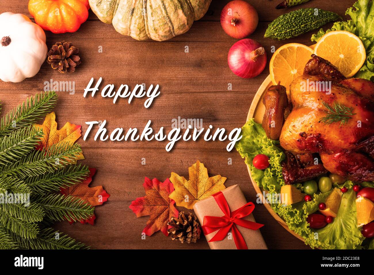 Thanksgiving roasted turkey or chicken and vegetables, Top view ...