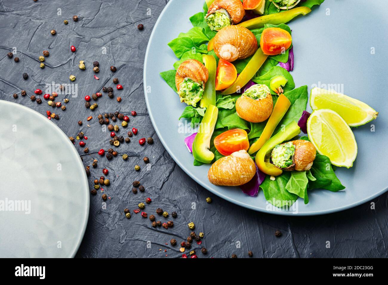 Appetizing salad with spinach, tomato, pepper and snails Stock Photo ...