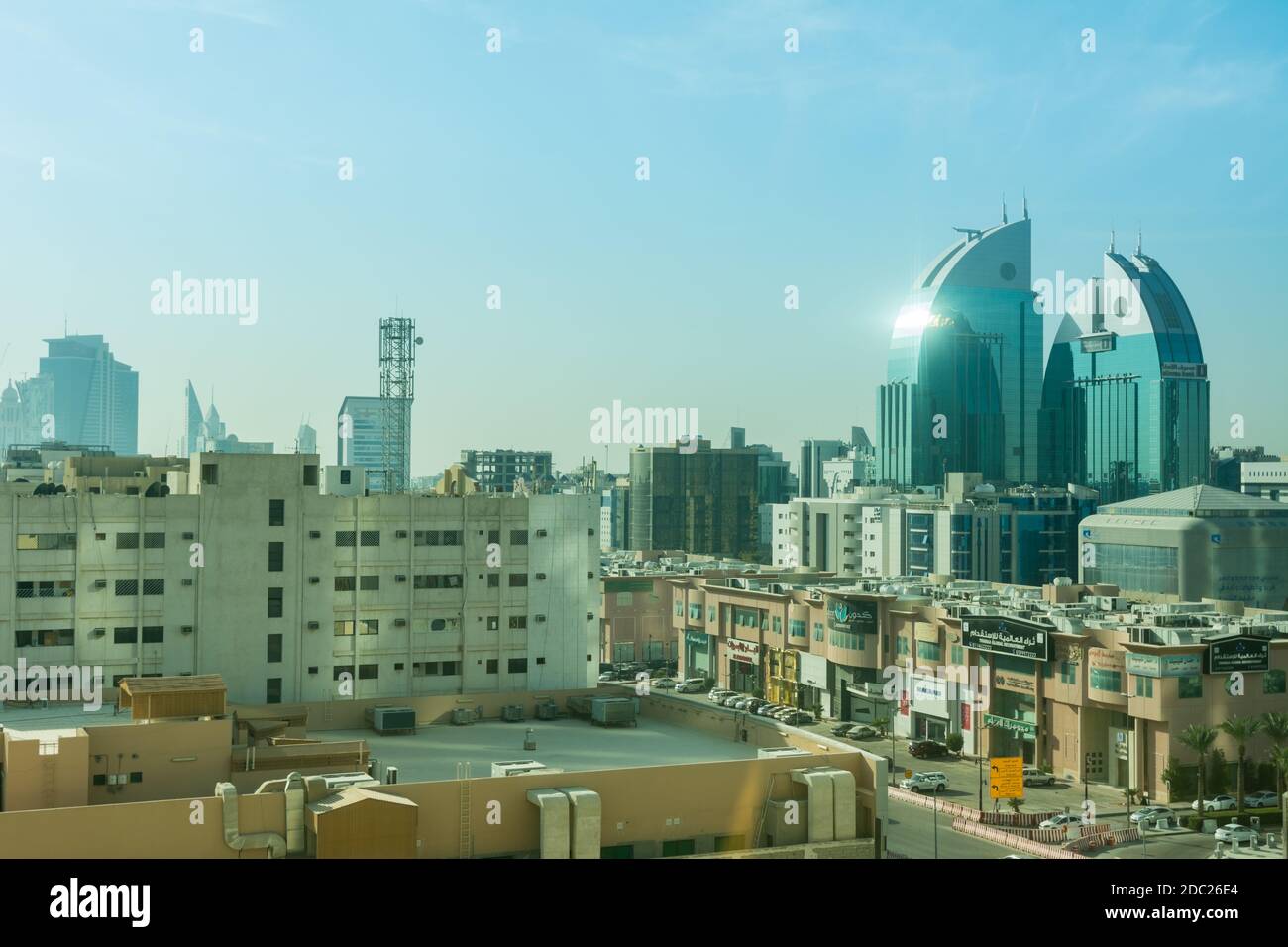 Aerial view of Dawn of Riyadh with buildings and skylines of twin ...