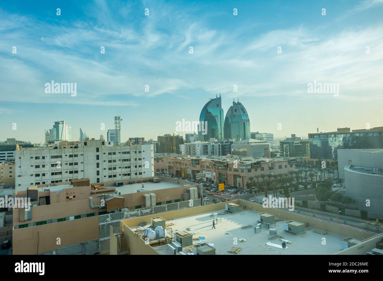 Aerial view of Dawn of Riyadh with buildings and skylines of twin ...