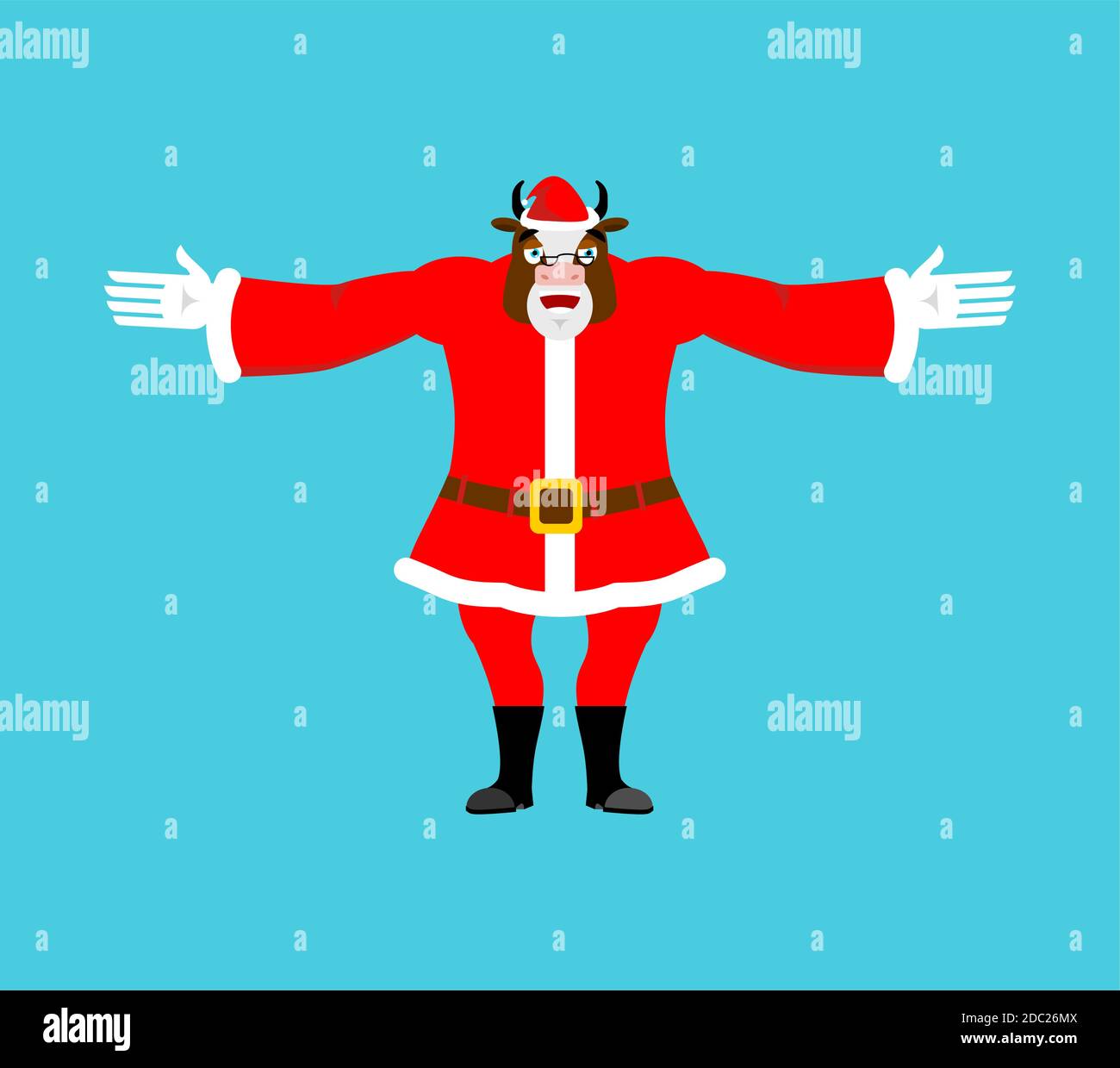 Happy Santa Bull spread his arms in an embrace. Jolly Christmas cow ...