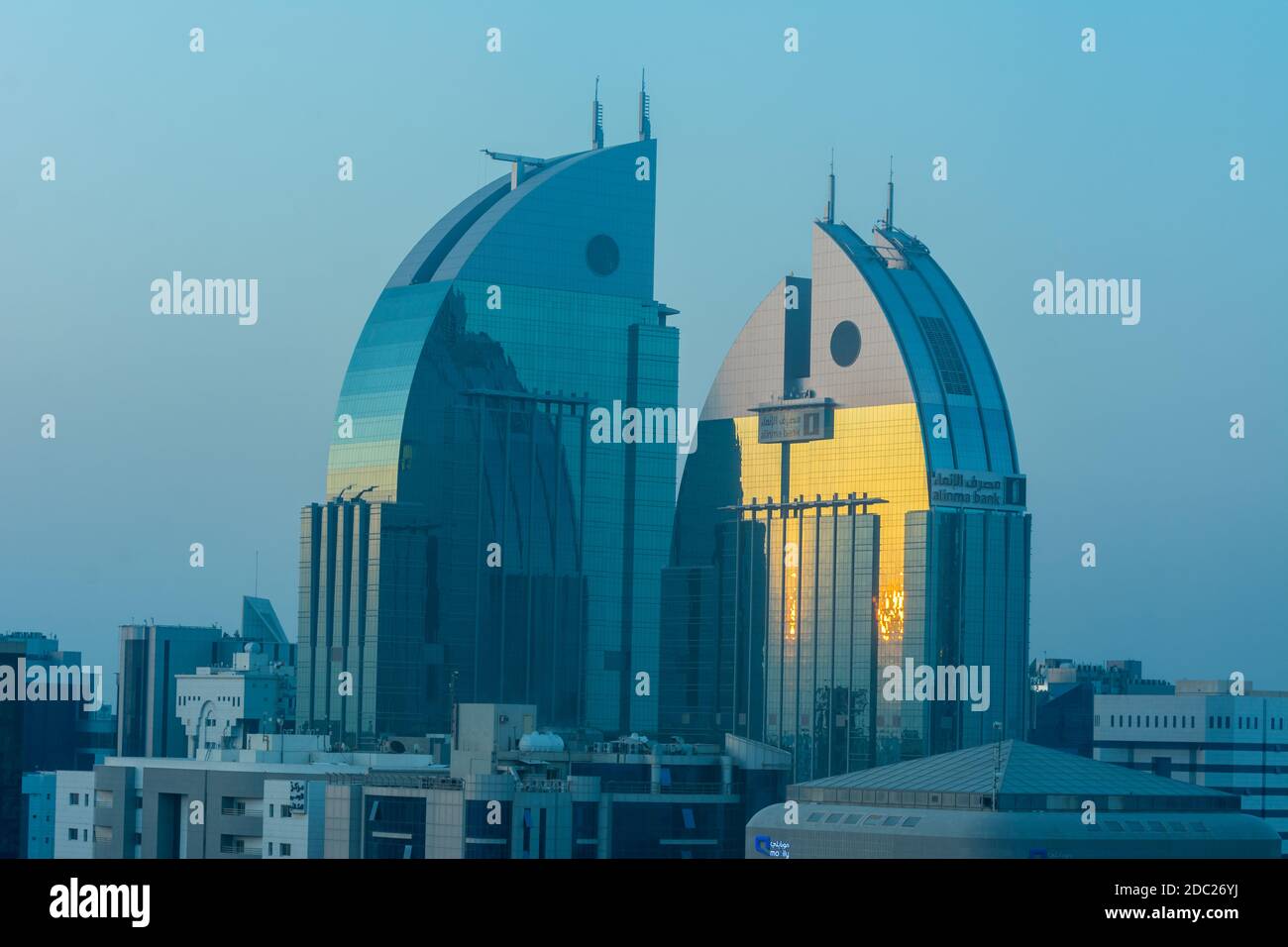 Twin building of Alinma Bank with symbol of fish under sunlight in the ...
