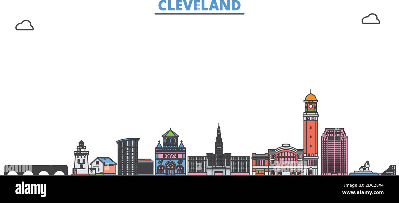 United States, Cleveland line cityscape, flat vector. Travel city ...