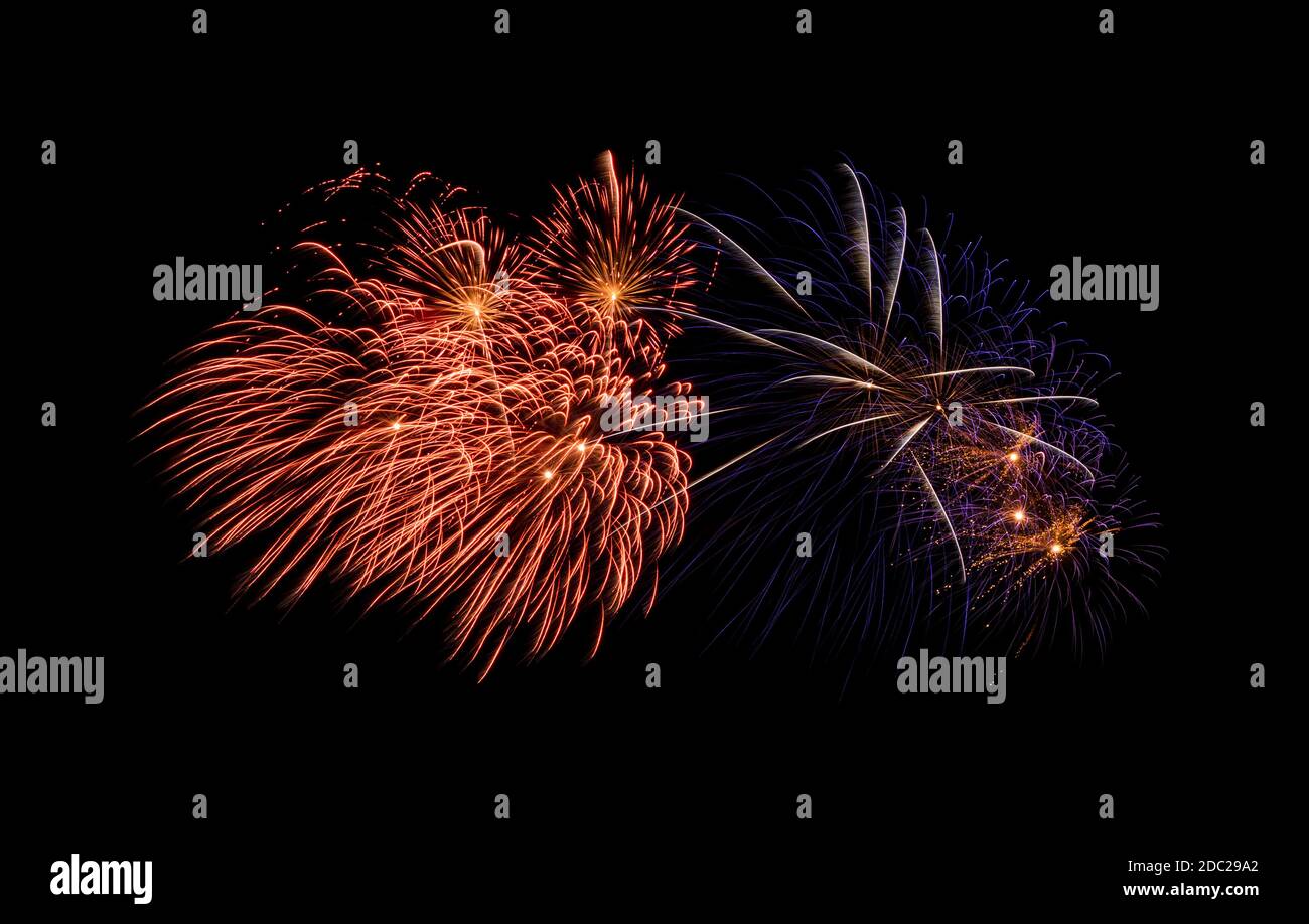 Colorful exploded fireworks display, isolated on black background Stock ...