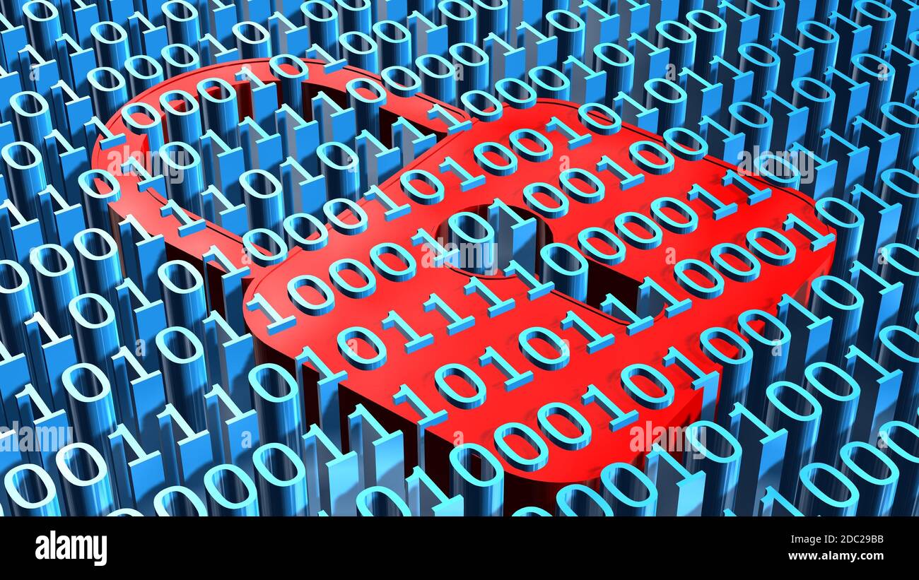 Security business concept - red closed padlock embedded in a binary ...