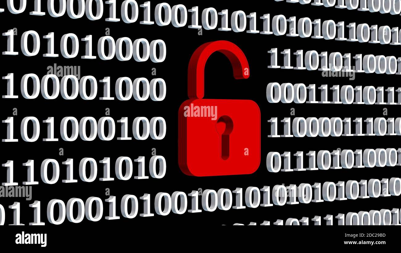 Open red padlock integrated into a binary code screen made of white ...