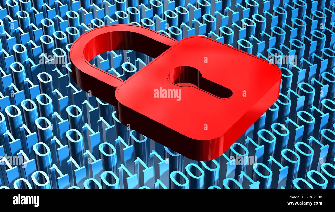 Security business concept - red closed padlock over a binary code ...