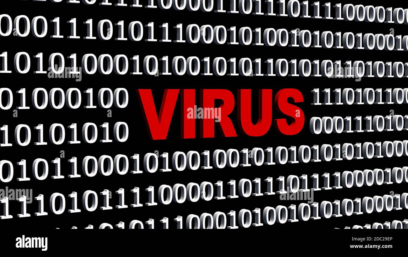 VIRUS lettering in red integrated into a binary code screen made of ...