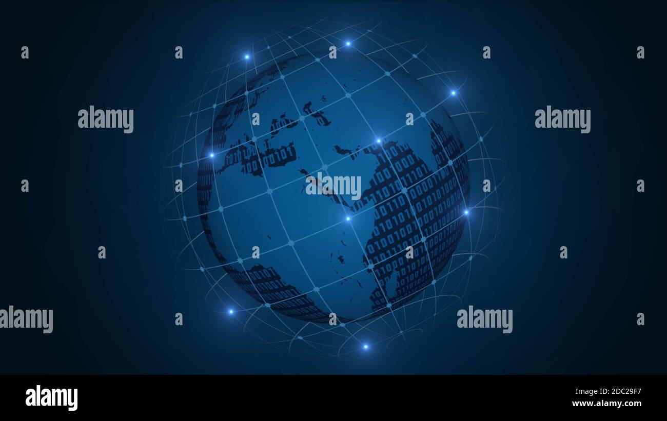 Grid world map on blue hi-res stock photography and images - Alamy
