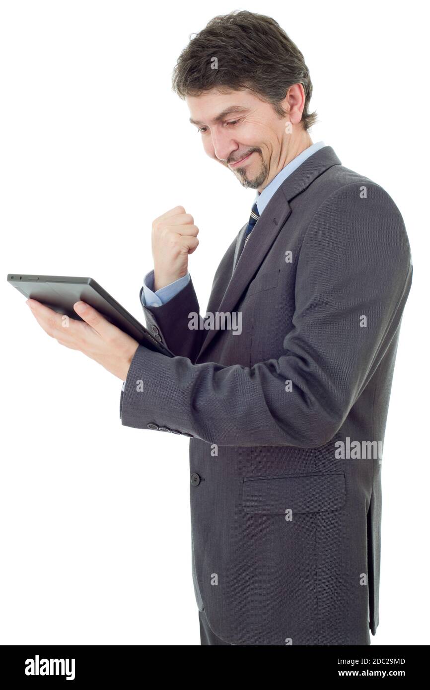 businessman winning using touch pad of tablet pc, isolated Stock Photo ...
